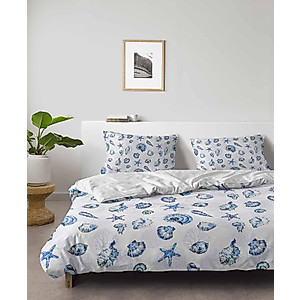Cal KingDuvet Covers Set Coastal Beach Starfish Shells Seamless 4 Pcs Bedding Sets Brushed Microfiber Quilt Covers Lightweight Cozy Flat Sheet with 2 Pillowcases Nautical Conch Blue Gradient