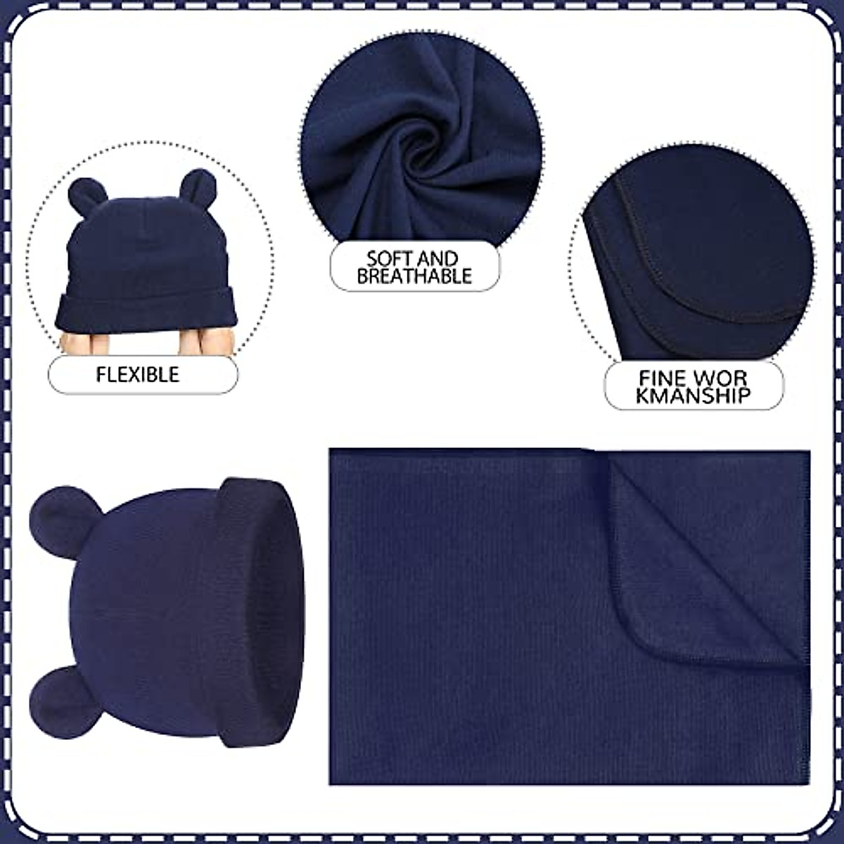 Geyoga 2 Sets Newborn Infant Swaddle Hat Infant Bear Ear Beanie Baby Receiving Blankets Newborn Swaddle Wrap Hospital Receiving Blankets for 0-6 Mouths Unisex Baby Boys Girls (Navy Blue, Camel)