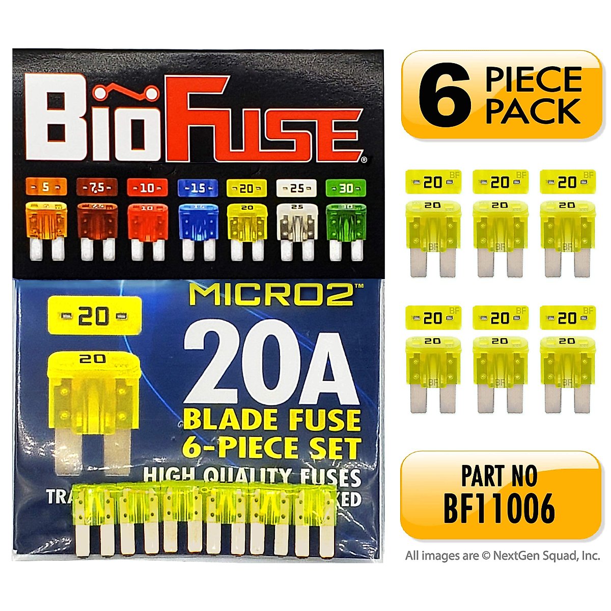BioFuse Micro2 APT ATR 6-Piece 20A Automotive Car Fuses (Set of 6 Micro 2 Blade Fuses) Transparent and Clearly Marked
