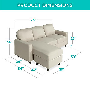 Best Choice Products Upholstered Sectional Sofa for Home, Apartment, Dorm, Bonus Room, Compact Spaces w/Chaise Lounge, 3-Seat, L-Shape Design, Reversible Ottoman Bench, 680lb Capacity - Beige