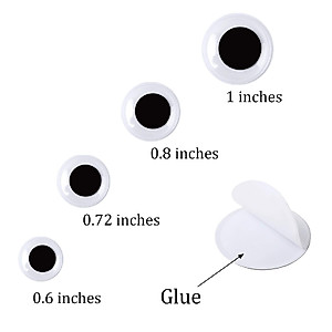 UPINS 300 Pcs Round Plastic Black Googly Wiggle Eyes Self-Adhesive Large Size 15 mm 18 mm 20 mm 25 mm