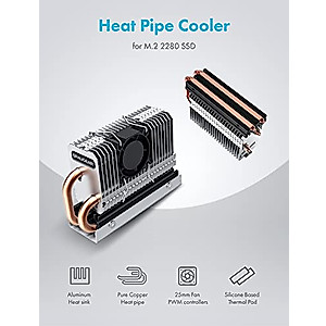 GRAUGEAR M.2 2280 SSD Heatsink, Direct-Touch Heat of Dual Copper Heat Pipes, 25 mm Cooling Fan Built-in PWM Control, Aluminum Plate-Fin Design, Thermal Pads incl. Cooler for M.2 NVMe/SATA[G-M2HP04-F]