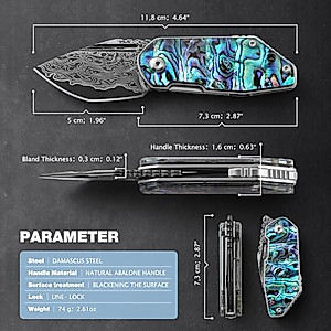 DRACHENADER Small Damascus Pocket Knife for Women and Men Abalone Knife Japanese Keychain Mini Pocket Knife Folding VG10 67 Layers Damascus Steel, birthday Gift Box Included