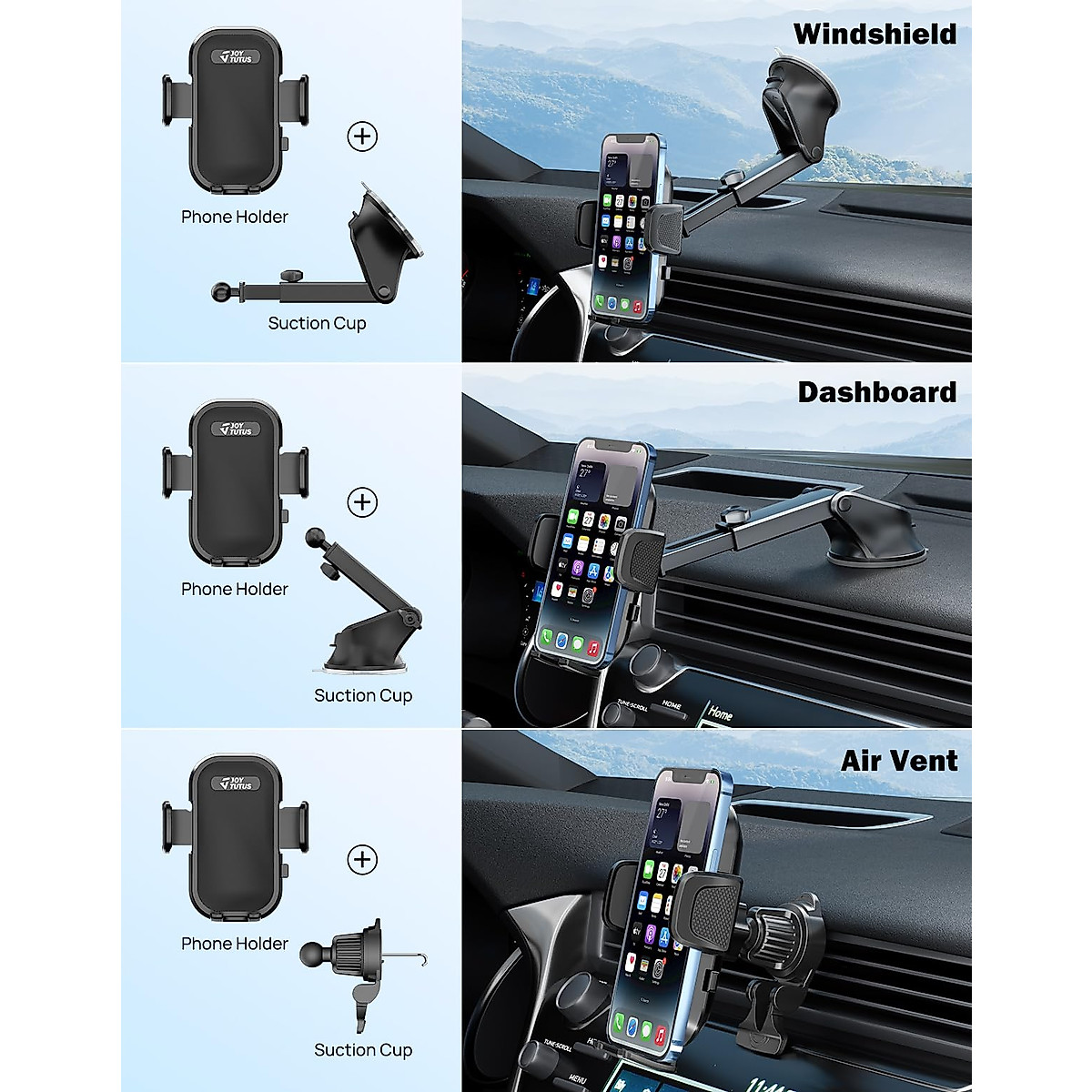 JOYTUTUS Universal Phone Holder Car, [Military-Grade Suction & Stable Clip] Phone Mount for Car Dashboard Windshield Air Vent, Hands-Free Cell Phone Holder Car Fit iPhone Samsung All Smartphones