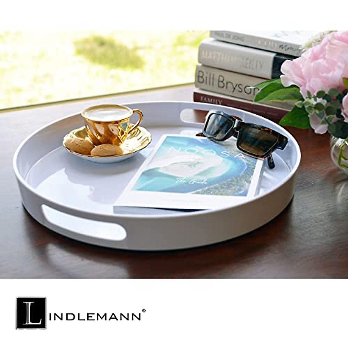 LINDLEMANN Serving Tray - Large Round Melamine White - Strong & Sturdy w/Built-in Handles for Easy Handling - Beautiful Gloss Finish, Elegant & Classy, Easter & Mothers' Day Gift (White,13.5 inches)