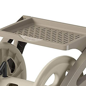 Suncast Handler Durable Hard Plastic Wall Mounted Outdoor Retractable Garden Hose Reel with Storage Tray and 200 Feet Hose Capacity, Taupe