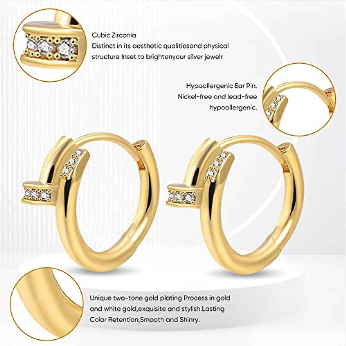 PICKBEAU 18K Gold Plated Hoop Earrings for Women Geometric Nail Shape CZ Pave Loop Hoop Huggie Earrings for Girls