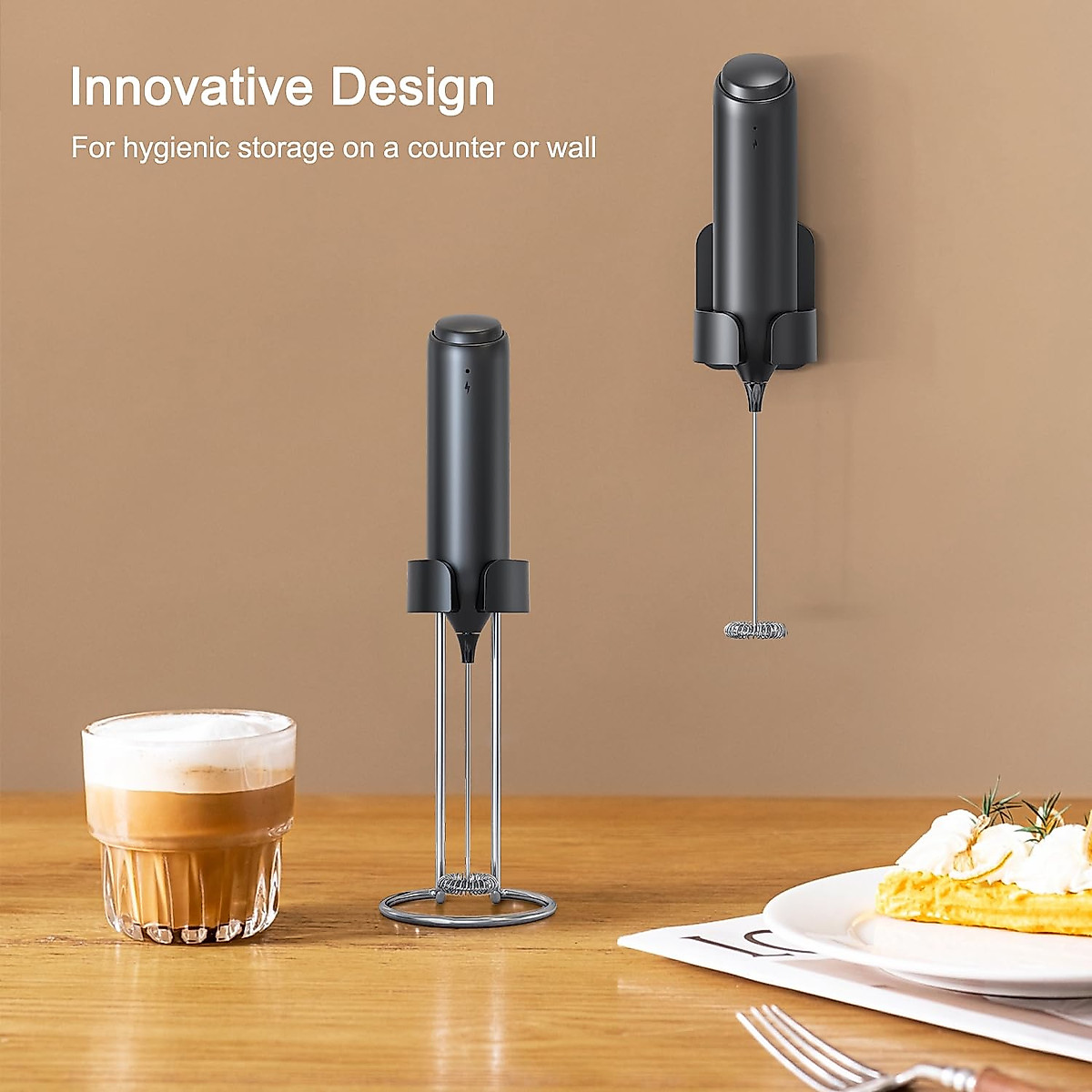 ELMWAY Powerful Electric Milk Frother Set, Rechargeable Drink Blender with Stand/Base, Foam Maker Mixer, Handheld Milk Frother for Coffee, Cappuccino, Latte, Matcha, Protein Powder - Black