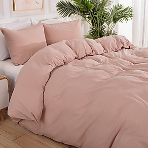 NEXHOME PRO Duvet Cover Set Queen Size Linen Feel Textured Organic Natural 100% Washed Cotton Duvet Cover 3 Pieces Bedding Set with Zipper Closure, Breathable, Soft, Pink (No Comforter)