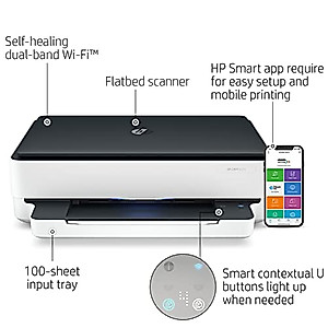 HP Envy 6075 Wireless All-in-One Color Inkjet Printer, White/Black - Print Scan Copy - 10 ppm, 4800 x 1200 dpi, Auto 2-Sided Printing, Borderless Printing, Bluetooth, USB