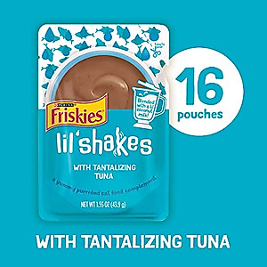 Purina Friskies Wet Pureed Cat Food Topper, Lil' Shakes With Tantalizing Tuna Lickable Cat Treats - 1.55 oz. Pouch