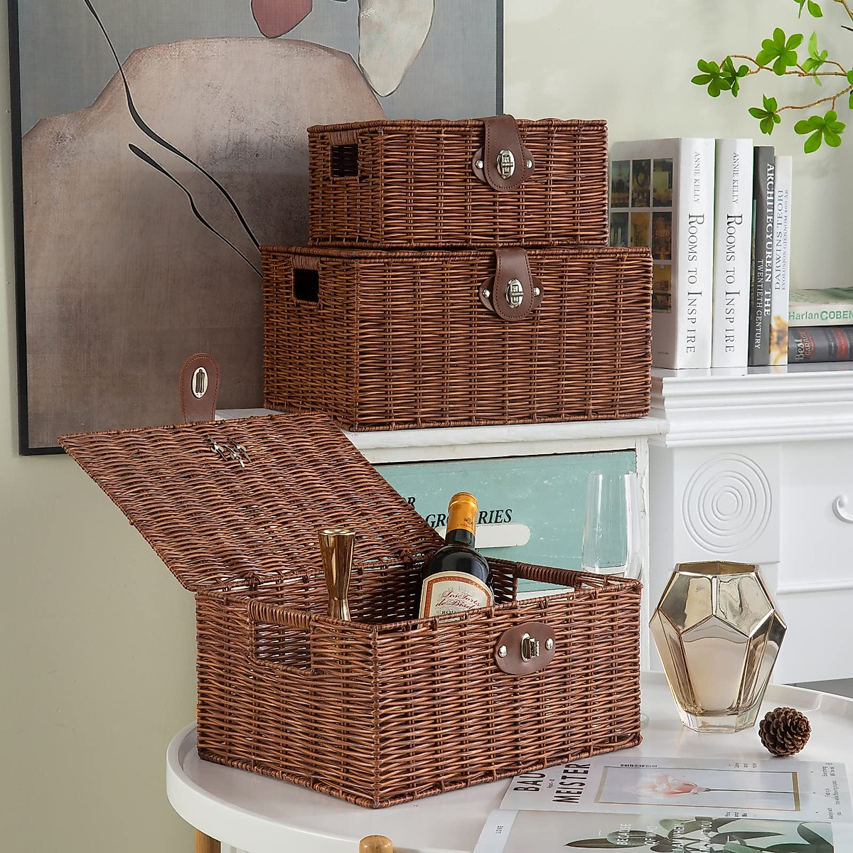 Homepeaz Set of 3 Woven Wicker Storage Basket Box with Lid & Lock, Built-in Carry Handles, Multifunctional Storage Organiser for Nursery, Baby, Clothes, Toys, Books, Large/Medium/Small Size (Natural)