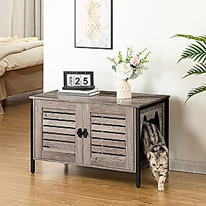 HOOBRO Cat Litter Box Enclosure, Hidden Litter Box Furniture with Shutter Door and Cat Head Mat, Cat Entrance Can Be on Left or Right, Cat Washroom Fit Most of Litter Box, Greige BG06MW01