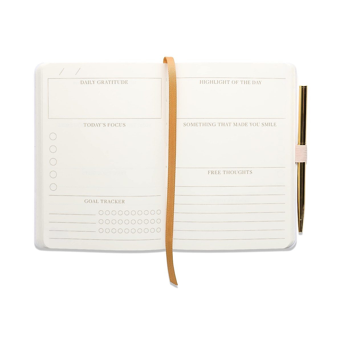 DesignWorks Ink Gratitude Journal with 196 Guided Pages for Daily Thoughts and Goals with Pen and Ribbon Marker | Undated Daily Mindfulness Journal, Orange and Gold Foil Pause