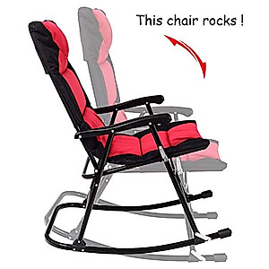 Giantex 3 PCS Folding Bistro Set Outdoor Patio Rocking Chairs Round Table Set 2 Rocking Chairs w/Glass Coffee Table for Yard, Patio, Deck, Backyard Padded Seat (Red & Black)