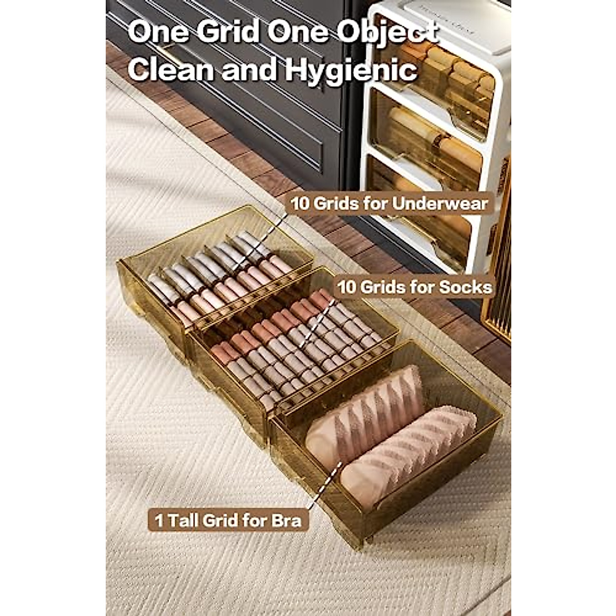 Socks Underwear Bra Drawer Organizer Divider, 1+10+15 Cell Closet Organizer for Clothing, Stackable Plastic Bins, Dresser Organizer Bins for Bedroom Organization, Folding Storage Boxes Set(3 in 1)