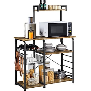 Yaheetech Kitchen Bakers Rack with Wire Basket, Microwave Stand Cart Coffee Bar with 10 S-Hooks, Kitchen Utility Storage Shelf with Wine Storage for Spices, Pots, Pans, Rustic Brown