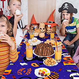 Tegeme Bulk Halloween Tablecloth for Kids Party 108 x 54 Inch Disposable Plastic Rectangular Table Covers with Cute Cat Pumpkin Boo Decorations for Happy Halloween Birthday Party Supplies(3 Pack)