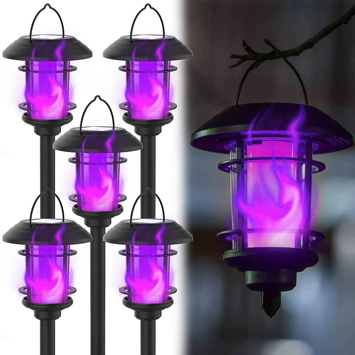Dynaming 6 Pack Solar Flame Torch Lights Outdoor, Dual Use Flickering Purple Flame Garden Light, Hanging Lantern, Auto On/Off & Waterproof Halloween Lighting for Lawn Patio Yard Walkway Driveway