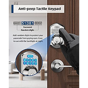 TEEHO Fingerprint Door Lock with 2 Lever Handles, Keyless Entry Door Lock with Handle, Electronic Keypad Deadbolt Front Door Lock Set with Auto Lock and 1 Touch Locking, Satin Nickel
