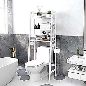 MallKing Over The Toilet Storage, Wooden 3-Tier Over-The-Toilet Rack Bathroom Space Saver Organizer, Freestanding Above Toilet with Toilet Paper Holder and Hooks (White)