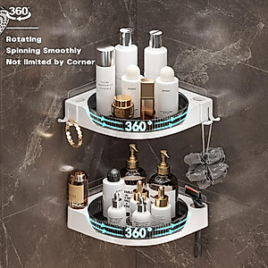 shuang qing 2 Pack Corner Shower Caddy, 360° Rotating Lazy Susan Shower Organizer, Corner Shower Shelf with 2 Hooks, Adhesive No Drilling Wall Mounted Shelves for Bathroom, Kitchen（Black）