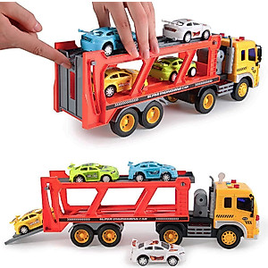 Liberty Imports Friction Powered Transport Car Carrier Truck Kids Toy - Heavy Duty Auto Transporter Trailer with Lights, Sound Effects, and Ramp (Includes 4 Removable Cars)