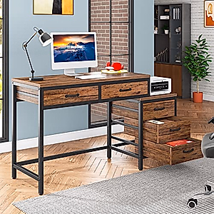 Tribesigns Computer Desk with 5 Drawers, Home Office Desks with Reversible Drawer Cabinet Printer Stand, Industrial PC Desk with Storage, Rustic Study Writing Table Workstation for Small Spaces