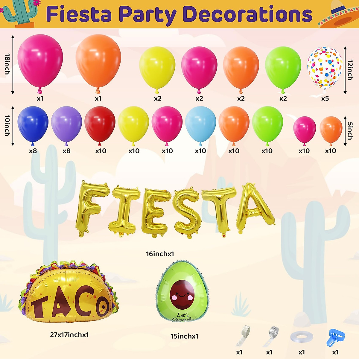 Ouddy Life 121Pcs Mexican Fiesta Taco Party Decorations, Fiesta Balloon Arch Garland Kit Cinco De Mayo Decor with Cactus Avocado Taco Mexican Hat for Carnival Festival Birthday Baby Shower Supplies