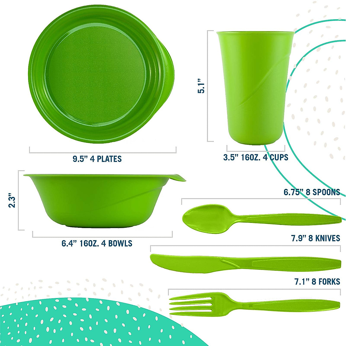 Preserve Reusable BPA Free Everyday Tableware Set with Cutlery Made from Recycled Plastic: 4 Plates, 4 Bowls, 4 Cups and 24 pieces of Cutlery, Midnight Blue