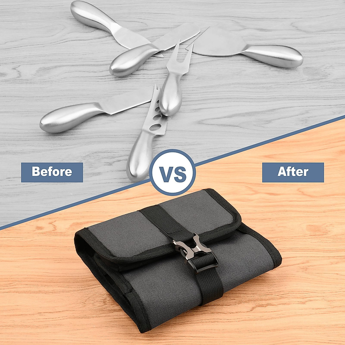 Beautyflier Cheese Knives Roll Bag, Mini Cheese Knife Set Roll Case - 6 Knife Slots and a Zipper Pocket, Canvas Chef Knife Roll Bag for Travel Party and Holiday Cheese Serving, Gray (Bag Only)