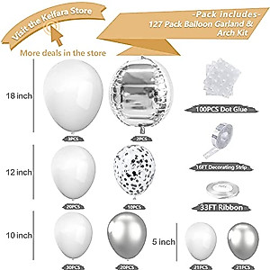 White Silver Latex Balloon Garland Kit Kelfara 127Pcs Different Sizes 18/12/10/5 inch Matte White Metallic Silver 4D Foil Balloons and Confetti Ballons for Anniversary Birthday Party Decoration