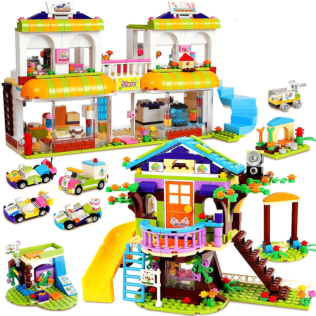 Friends Tree House&Friends Mall Building Blocks Sets for Girls 6-12, 1195 Pieces Friends Supermarket Tree House Building Kit with Storage Box, Friends Grocery Store Tree House Building Set for Gifts