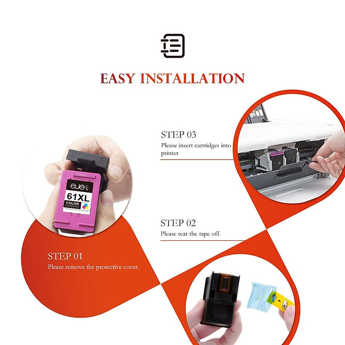 ejet 61XL Ink Cartridges Combo Pack Remanufactured Replacement for HP 61 XL Ink 61 Ink for HP Envy 4500 5530 4502 5535 5534 officejet 4630 4635 Deskjet 1000 1010 1510 Printer (1 Black, 1 Tri-Color)