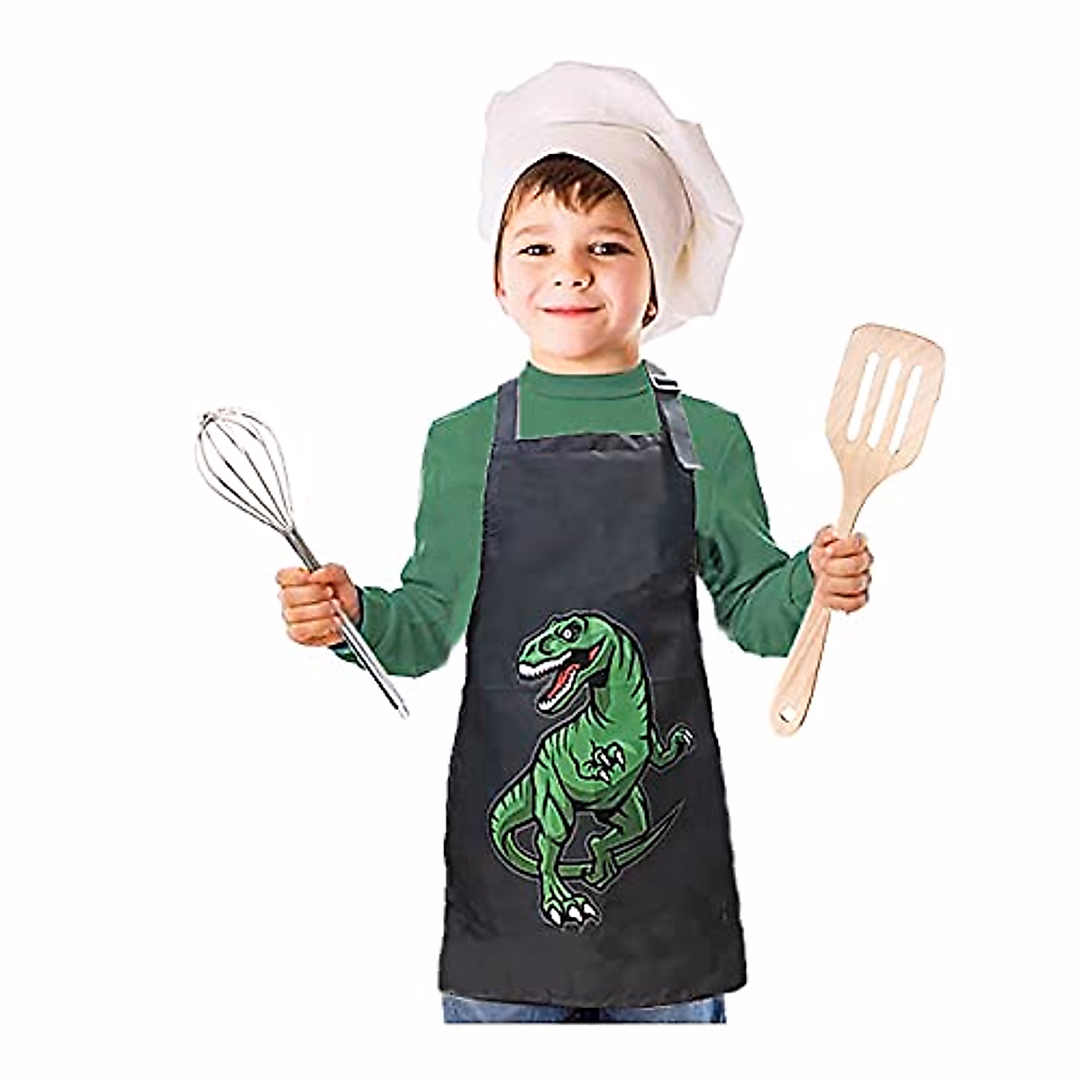 MRYUWB Kids Boys Dinosaur Apron, Girls Aprons for Cooking, Painting, Kitchen Chef Apron for Children 3-12 Years (Black & Green Dinosaur, Large (6-12 Years))