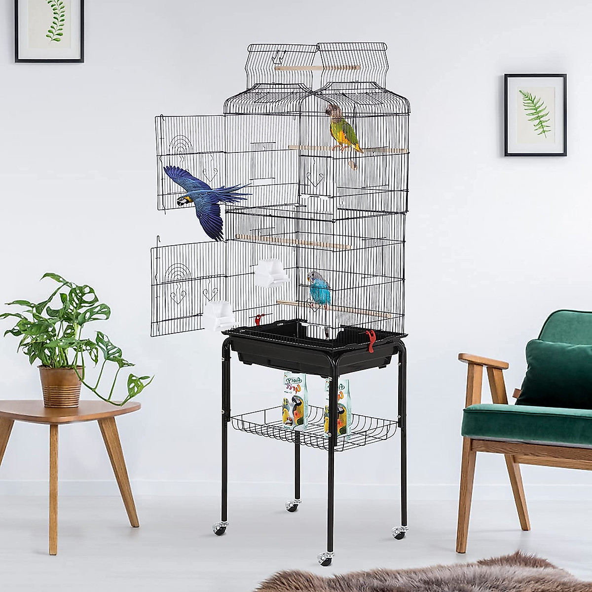BestPet 64 inch Wrought Iron Bird Cage for Parakeets Medium Small Parrots Parakeet Cage with Detachable Rolling Stand & Play Open Top for Cockatiels Lovebird Finches Canaries (Black)