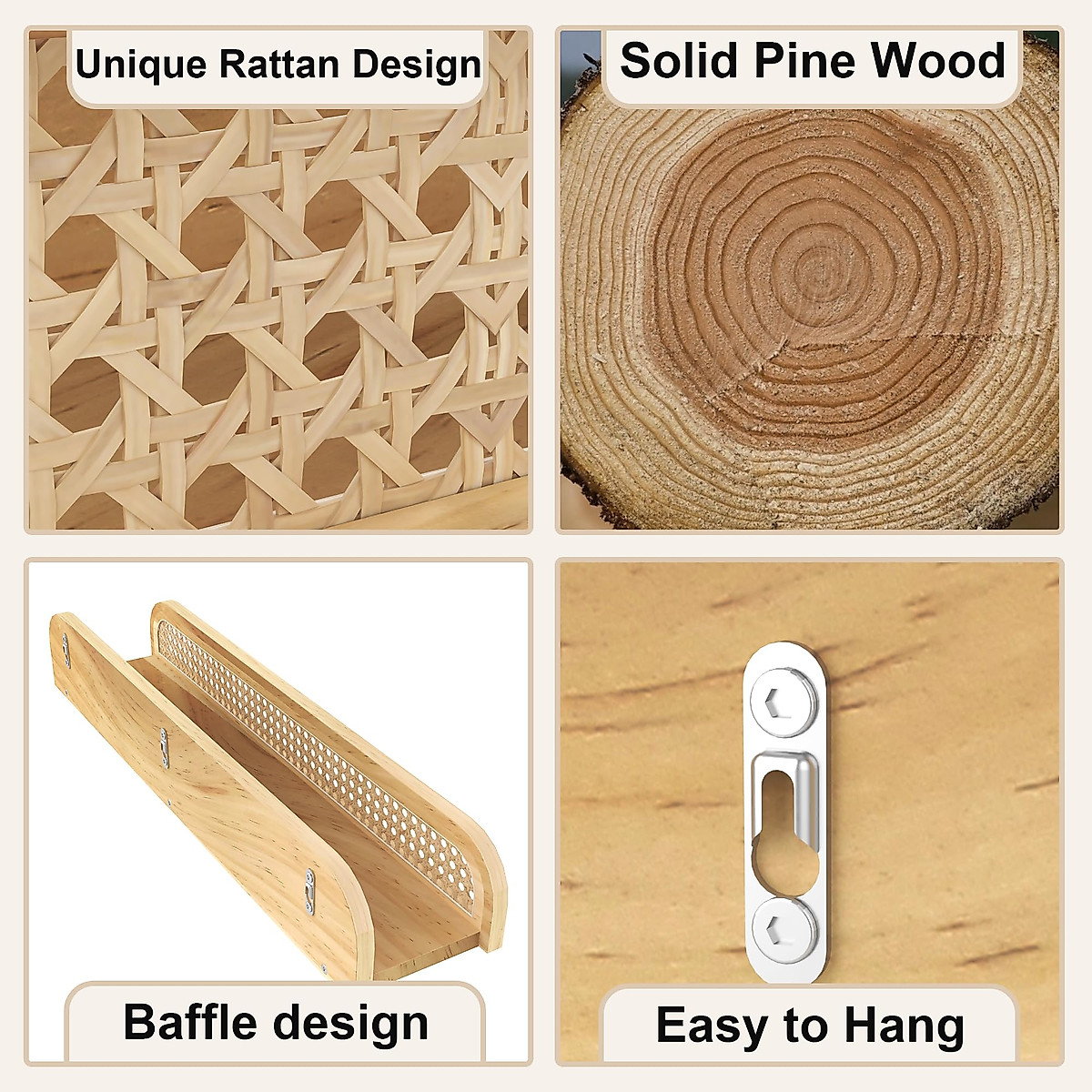 MVPSONAG Rattan Wall Shelf, Natural Boho Bookshelves for Wall, Modern Wooden Wicker Shelf, Cute Nursery Shelves, Floating Shelves for Kids Room, Living Room, Bedroom