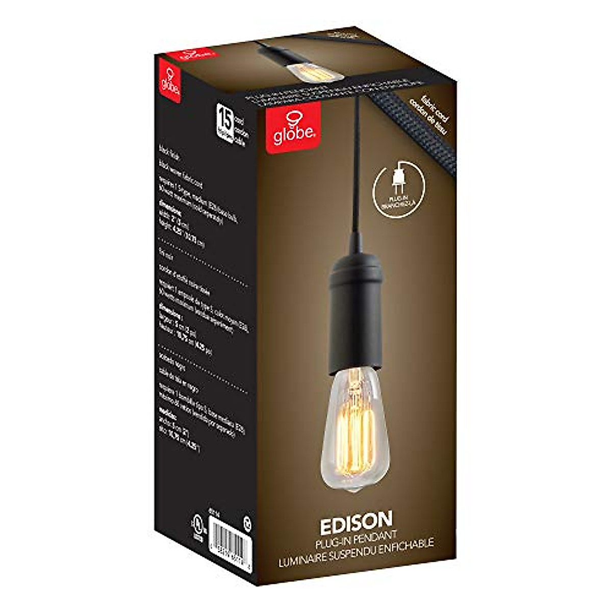 Edison 1-Light Plug-in Pendant, Matte Black, Black Woven Fabric Cord, in-Line On/Off Switch,65114