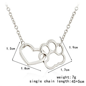 QIAN0813 Cat Dog Puppy Paw Print Stamped Pet Memorial Pendant Necklace Love Heart Necklace Jewelry (Silver)