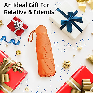 Trenovo Travel Mini Folding Compact Umbrella With Case - 8 Ribs Lightweight Portable for Sun & Rain, Small Pocket for Girls and Women - Orange