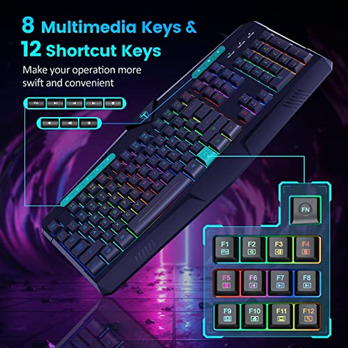 Dacoity Gaming Keyboard, Full Size RGB Backlit Quiet Computer Keyboard, Wrist Rest, Silent Keys, Multimedia Keys, Anti-ghosting, Waterproof Light Up USB Wired Keyboard for PC Mac Xbox Gamer Office
