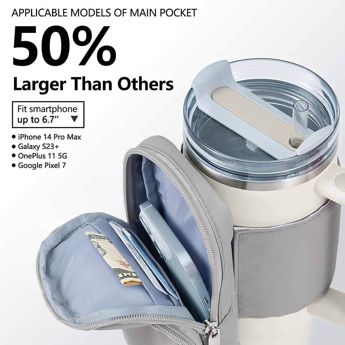 SUITMAT Water Bottle Pouch for Stanley Quencher H2.0 FlowState Tumbler, Large Pouch Bag for Stanley Cup Accessories, Cup Backpack with Multiple Pockets for Phone, Cards, Keys (Bag Only)