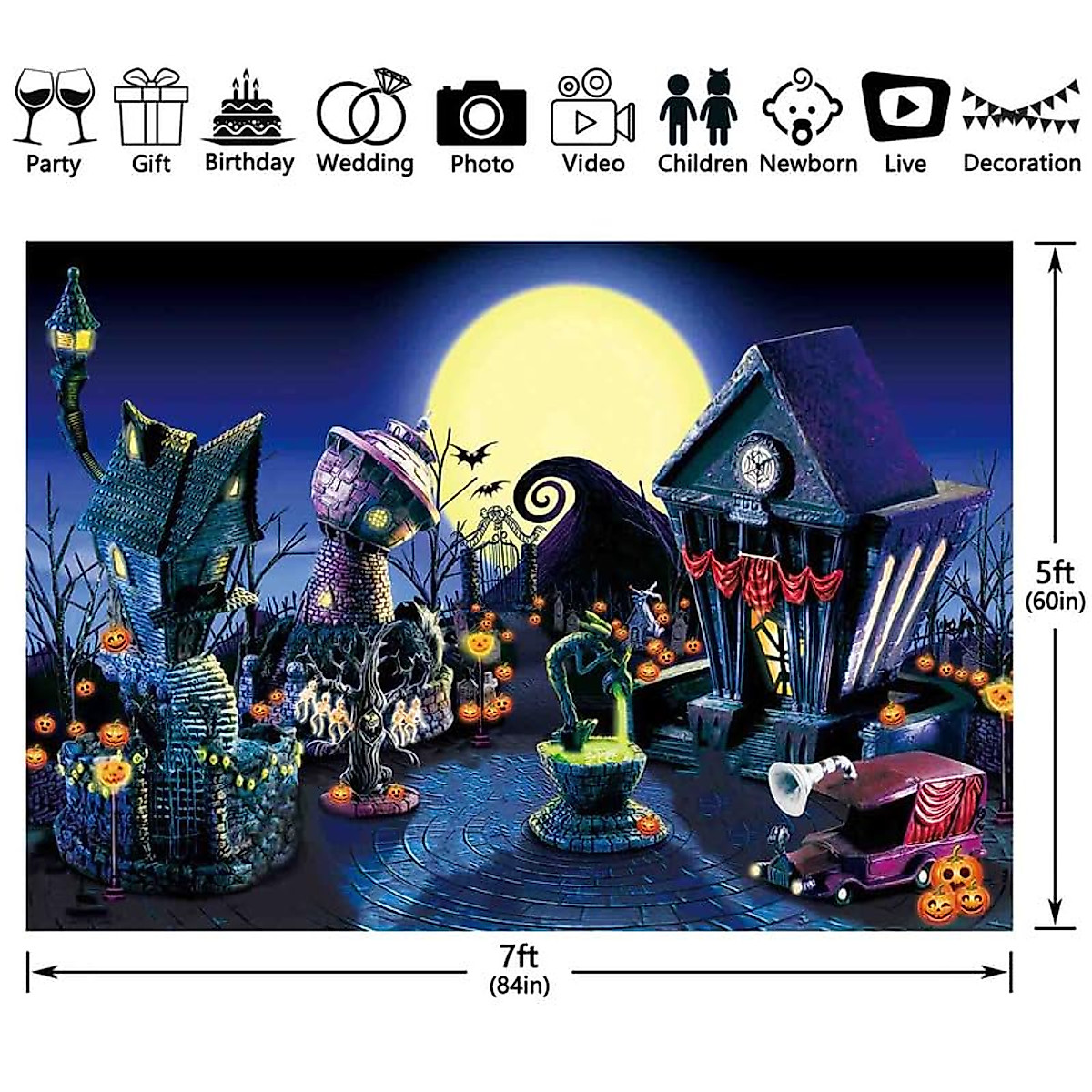 ZTHMOE 7x5ft Halloween Nightmare Themed Party Photography Backdrop Pumpkin Moon Town Background Birthday Baby Shower Christmas Party Decorations Photo Tapestry Props