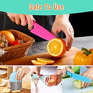CKKAPTURE 6Pcs Plastic Knives, Knife for Kids, Kids Knife for Chopping, Kitchen Knives Child Safety Knife in 4 Sizes and Plastic Cutting Board/Paring Knife for Vegetables Fruits Salad