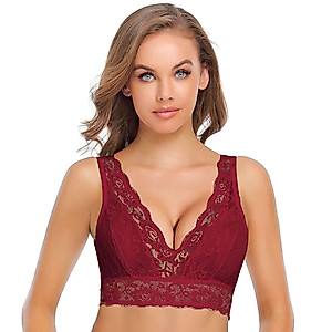 SHEKINI Lace Bralettes Womens Padded Deep V-Neck Wireless Bra Floral Sexy Comfort Everyday Bra Wine Red