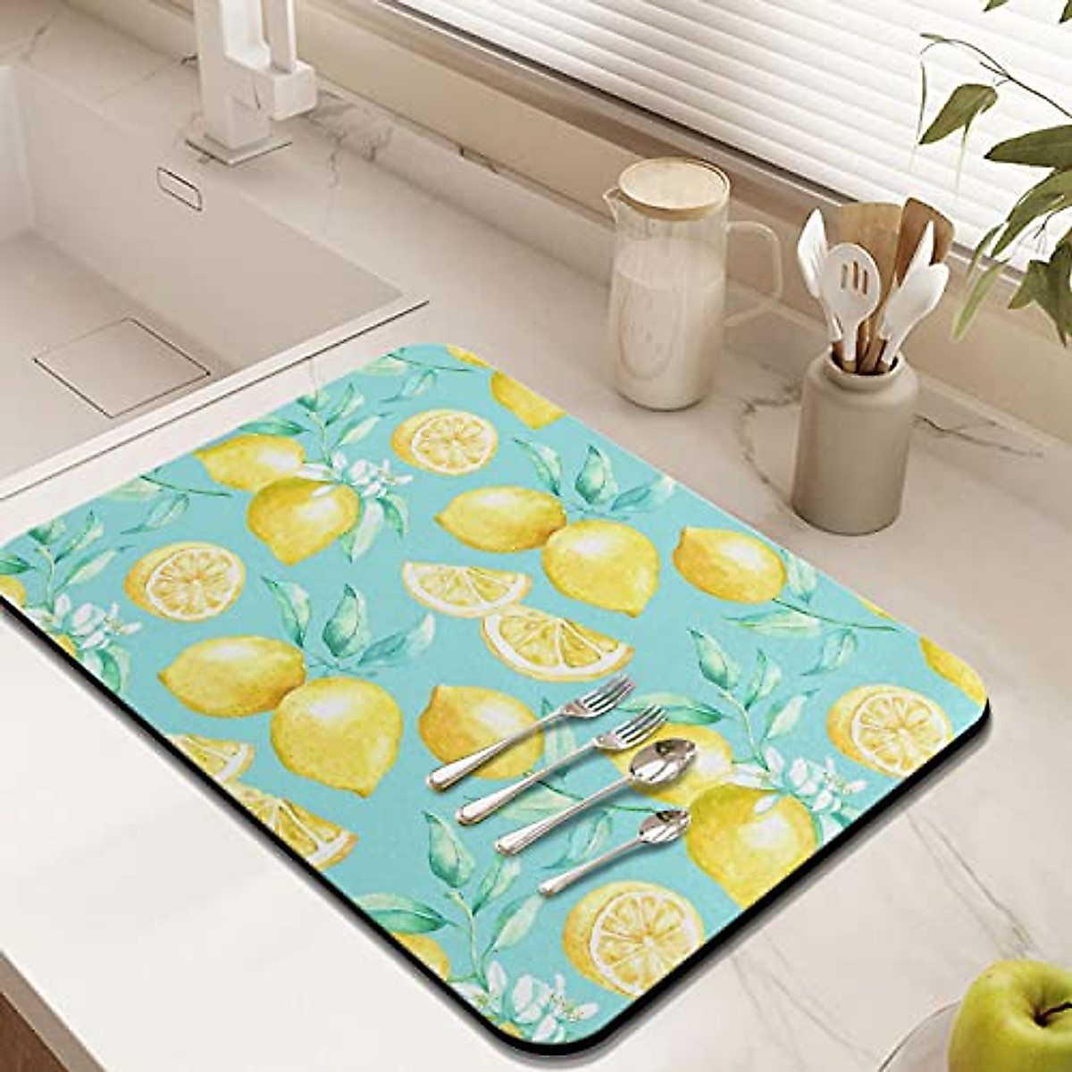 Dish Drying Mats for Kitchen Counter, Absorbent Quick Dry Dish Mat Drying Kitchen Mat, Non-Slip Rubber Backed Lemon Kitchen Drying Mat 18"X24"