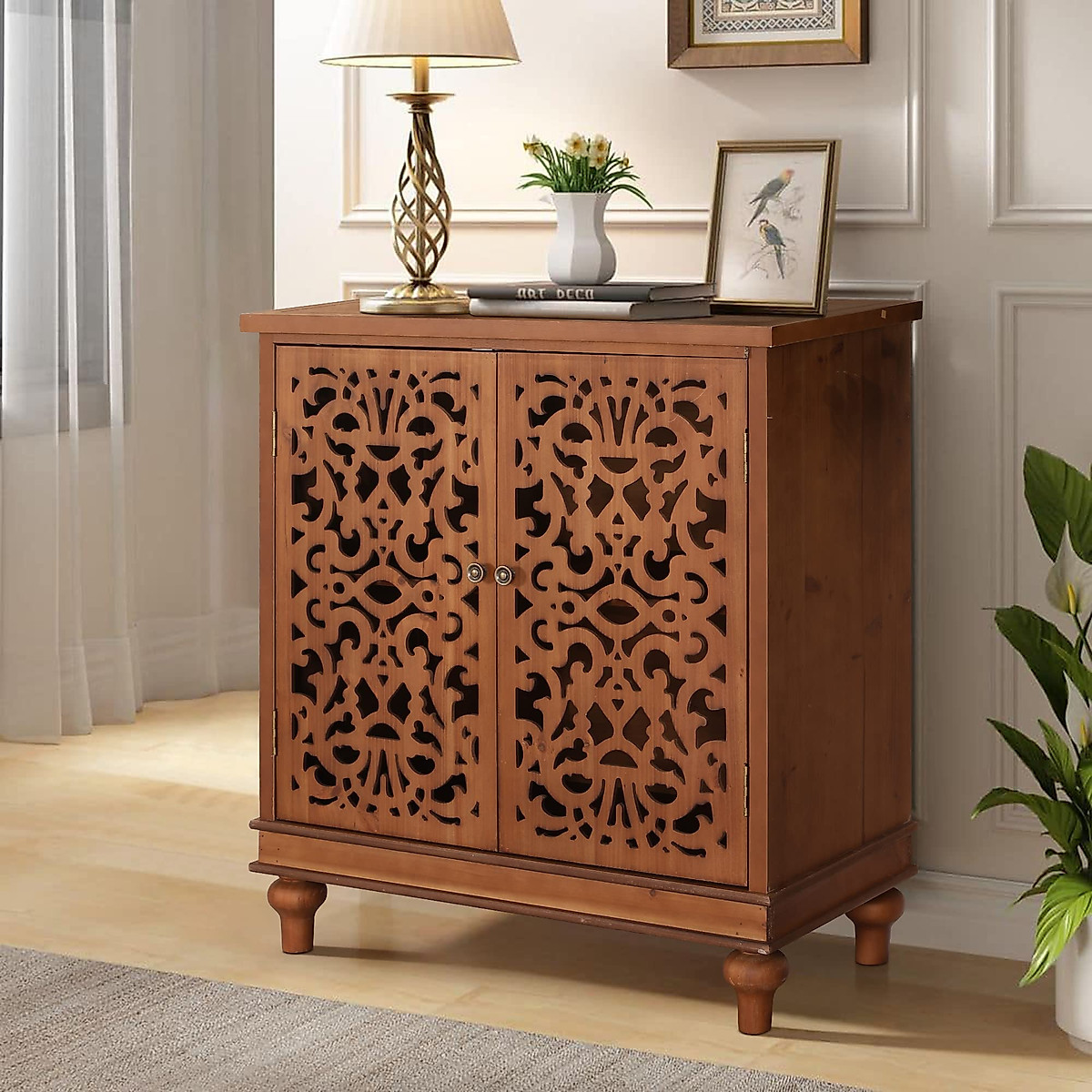 PHI VILLA Accent Cabinet with Doors Storage Cabinet Corner Entryway Living Room Cabinet, Red Brown