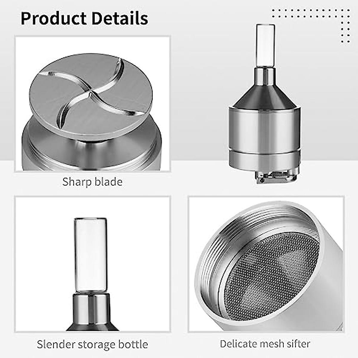 Homaisson Kitchen Spice Grinder, Pepper Grinder Set, Funnel Shape Metal Grinder with Storage Bottle, Spice Grinder Set Tool, Multifunctional Hand Mill for Fine Grinding, Silver