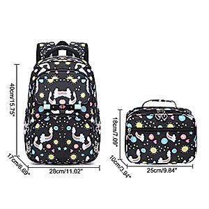 JiaYou Girls Backpack Sets Primary School Bookbag Rainbow Pattern Daypack with Lunch Bag(Black,19 Liters)