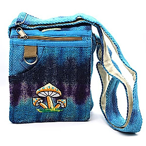 Himalaya Handmade Unique design Mushroom Embroidery Hemp Hobo Passport crossbody bag Festival Travel 100% Himalaya FAIR TRADE MADE Handmade with Love., Blue